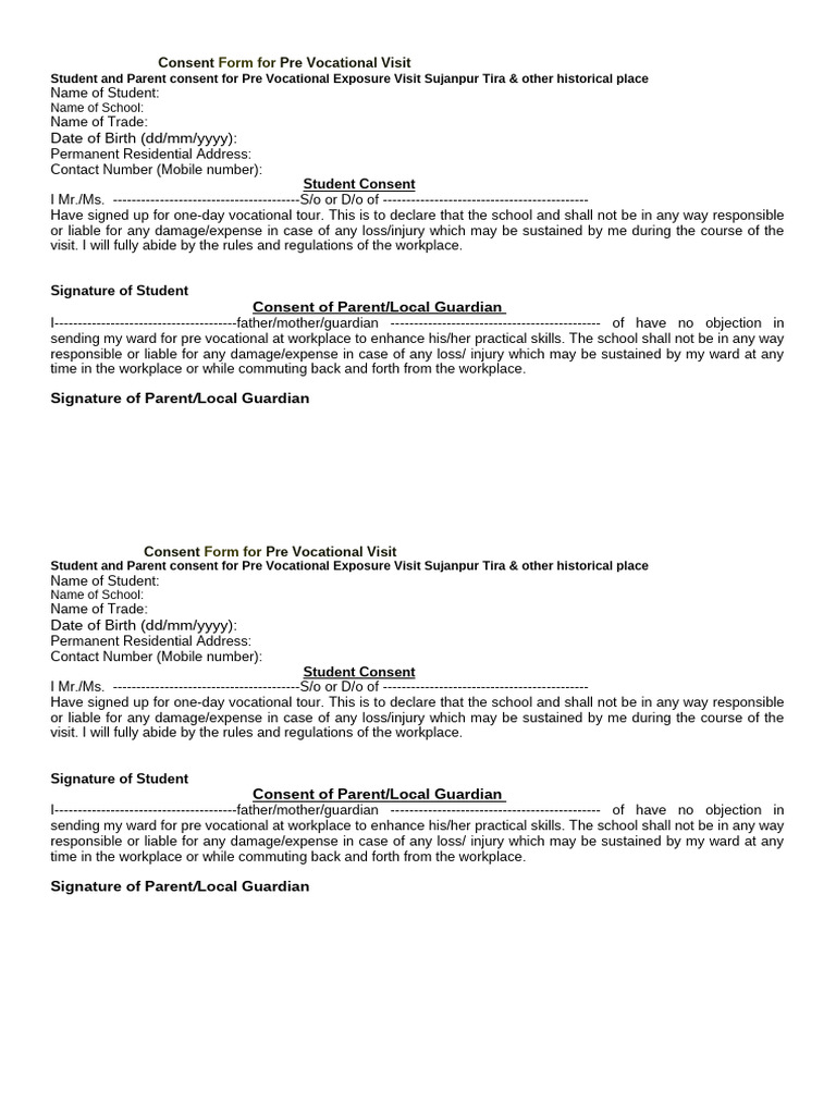Consent Form For Industrial Visit | PDF
