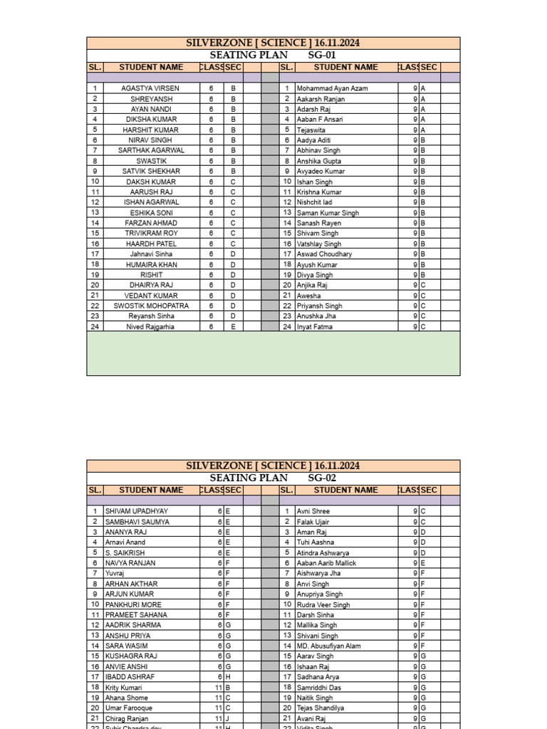 iOS SILVERZONE SEATING PLAN 24.xlsx - Science - OL | PDF