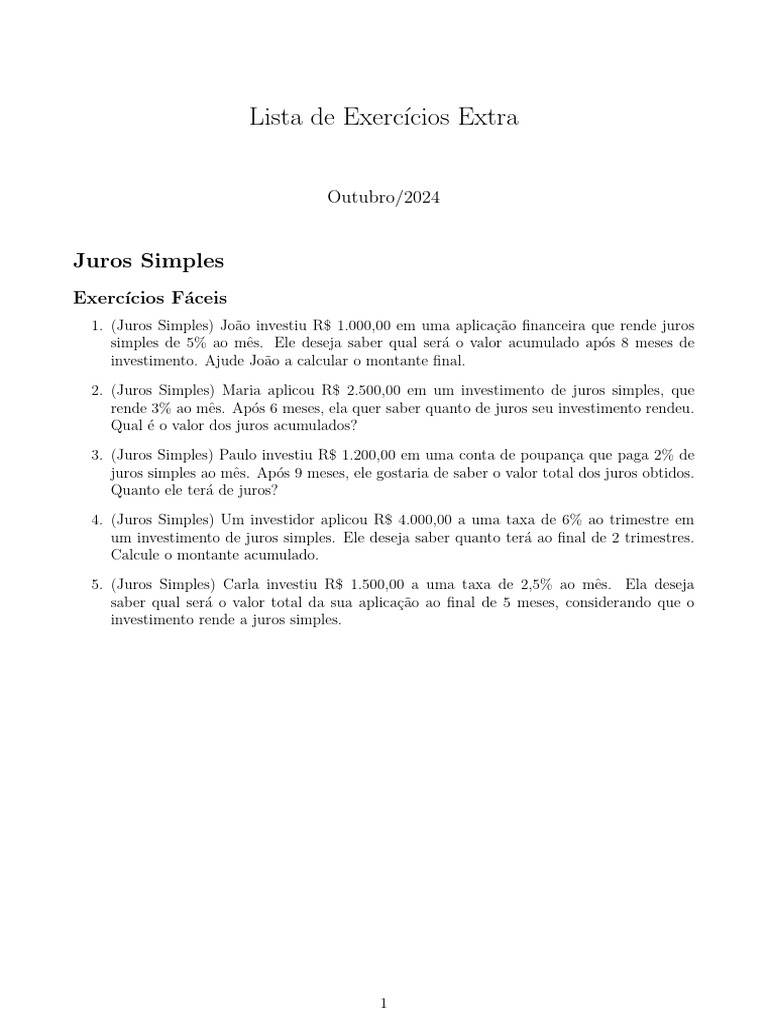 Lista Extra de Exercicios de Juros Simples e Composto | PDF | Juros | Investimentos