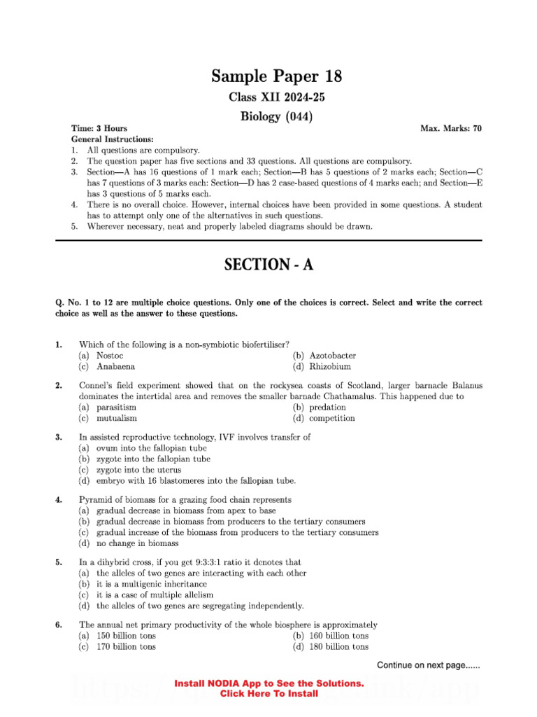 Xii Biology Sample Paper 2 | PDF