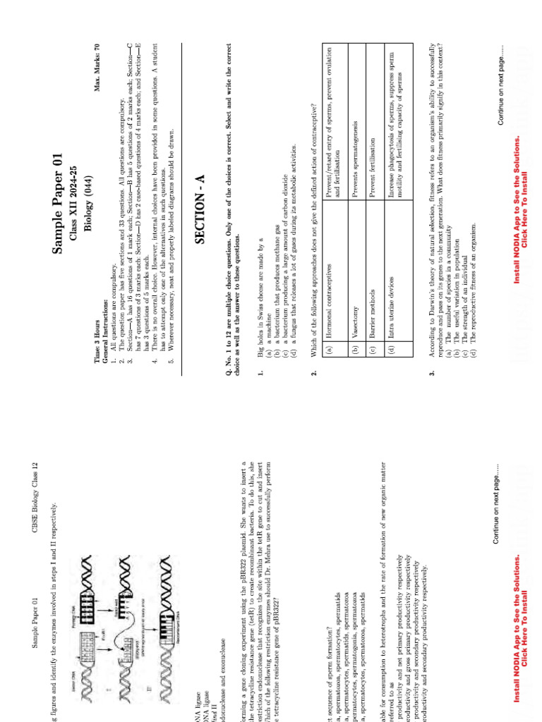 Biology Class 12 Sample Paper1 | PDF