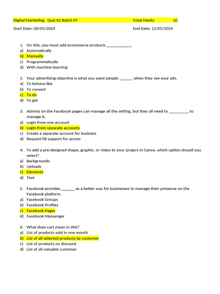 Digital Marketing Quiz 2 | PDF | Facebook | Websites