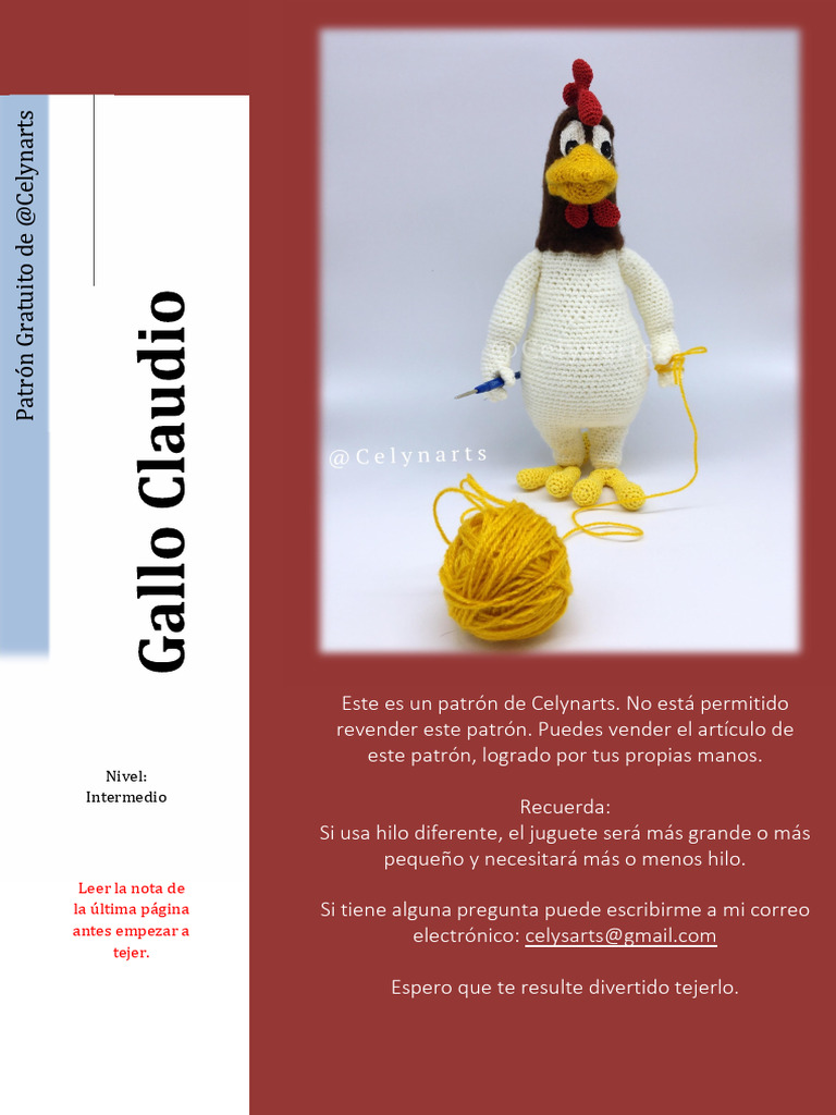 Patrón de Gallo Claudio Amigurumi | PDF | Tejer | Artesanías