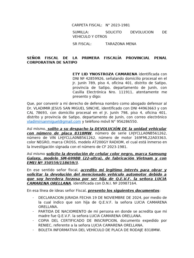 Escrito Devolucion de Moto y Celular | PDF