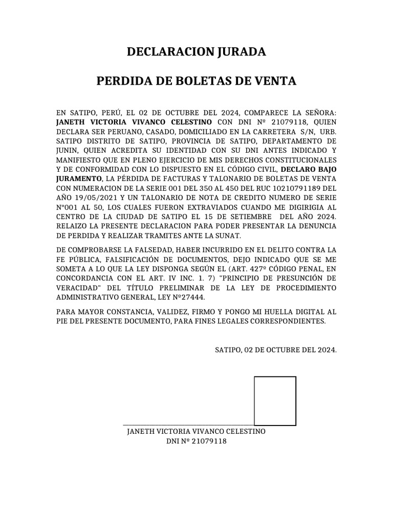 Declaracion Jurada Perdida de Boleta y Factura | PDF