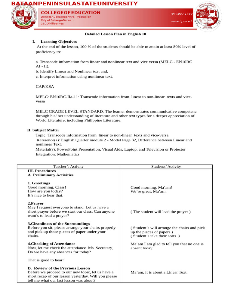 Detailed Lesson Plan 1 | PDF | Nonlinear System | Learning