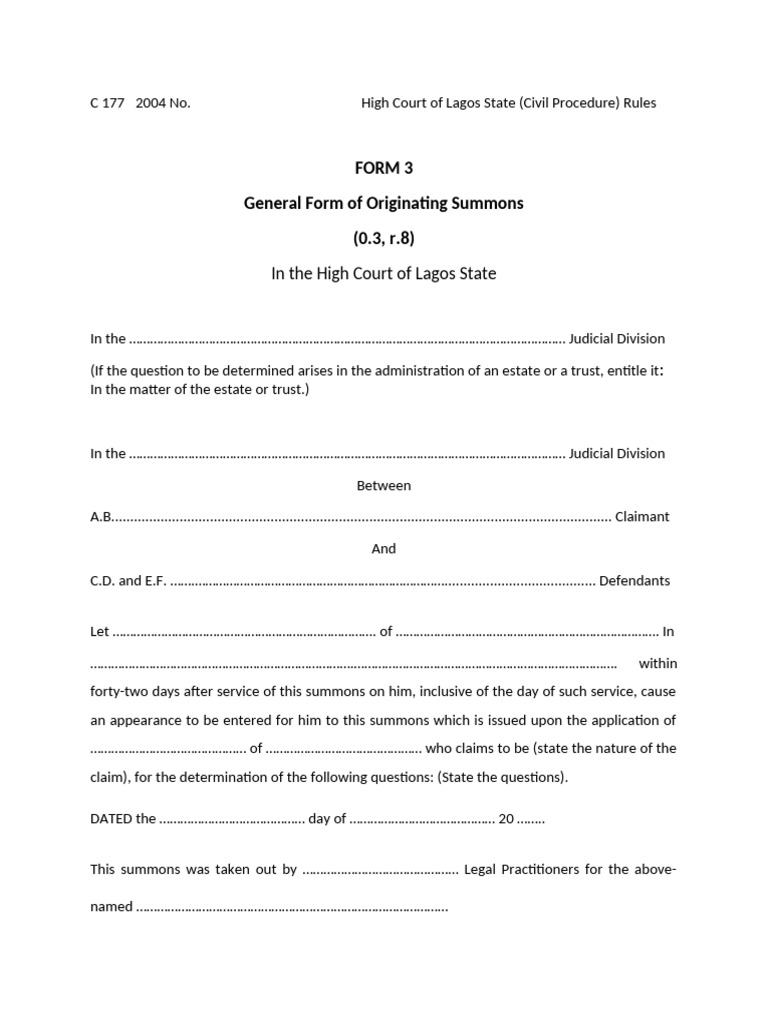 Lagos High Court Civil Procedure Form | PDF