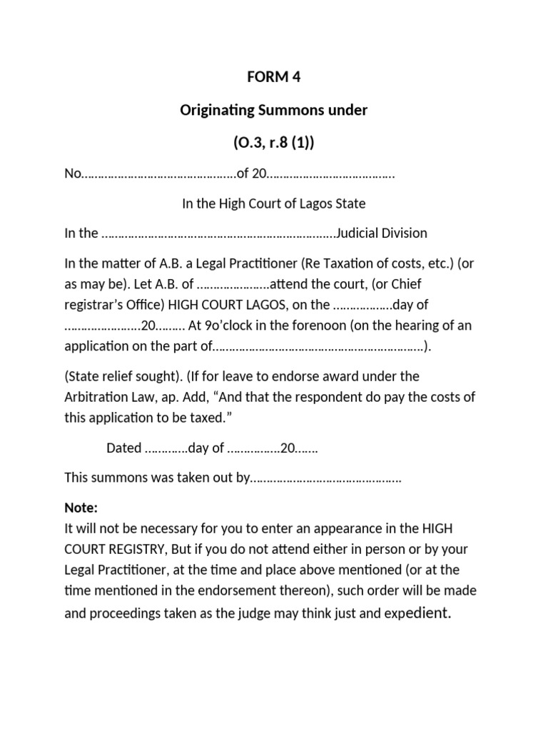 Originating Summons Under Form4 | PDF