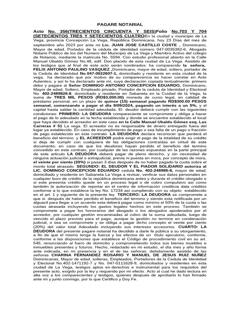Modelo de Pagaré Notarial RD$3,000 | PDF | Pagos