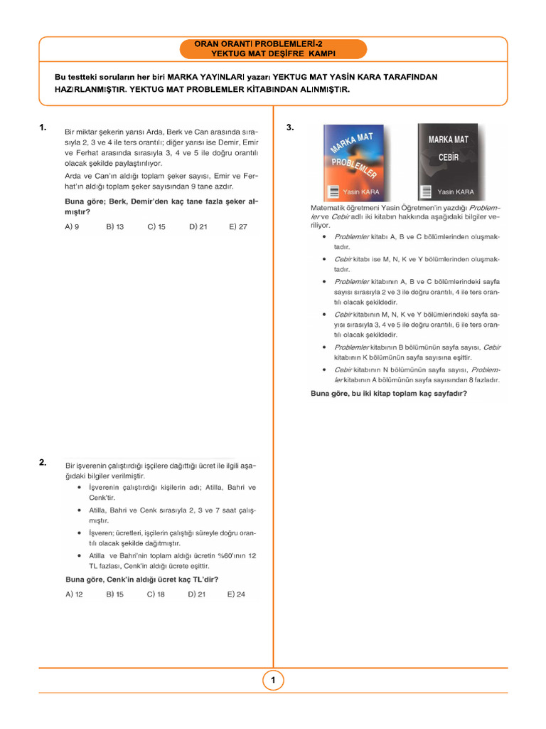 Oran Oranti Problemlerä° Tam Sinavlik Sorular PDF Yektug Mat Youtubede Ã Ã Zã Mlã 2 | PDF
