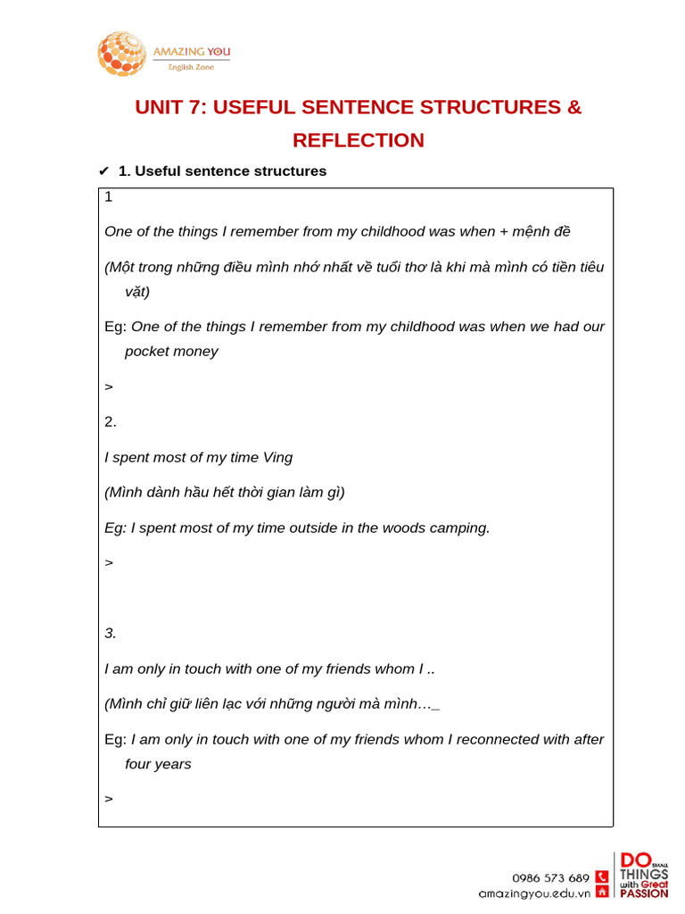 Unit 7 - Useful Sentence Structures & Reflection | PDF