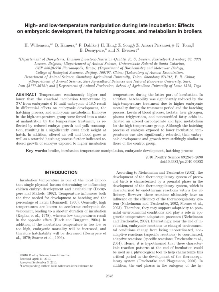 2) High and Lowtemperature Manipulation During Late Incubation Effects ...