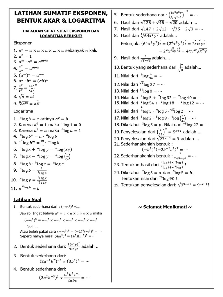 Latihan Ulangan Eksponen, Akar, Dan Logaritma | PDF