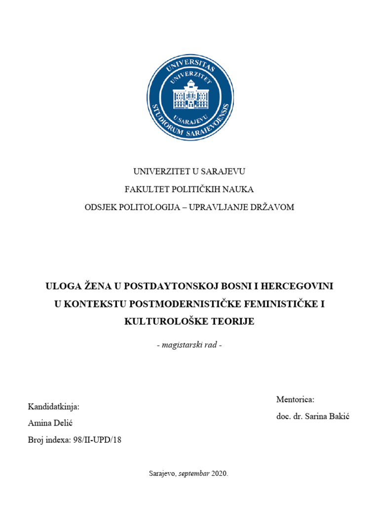ULOGA ZENA U POSTDAYTONSKOJ BOSNI I HERCEGOVINI U KONTEKSTU POSTMODERNISTICKE FEMINISTICKE I ...
