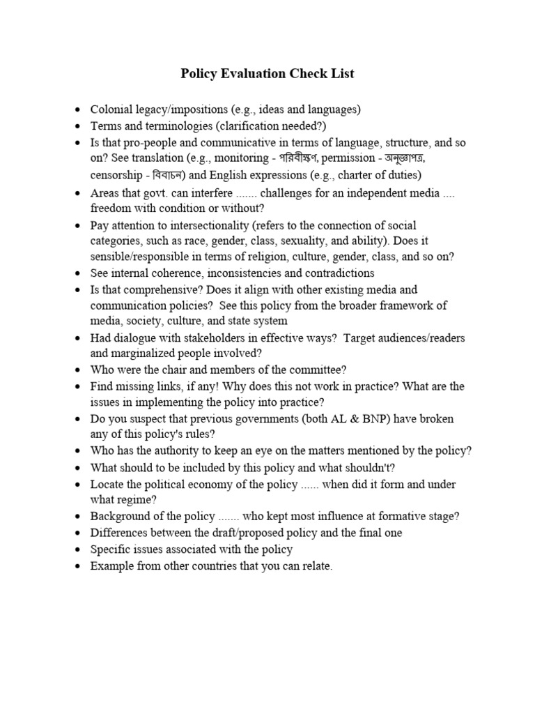 Policy Evaluation Check List | PDF