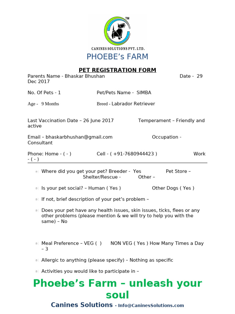 Reservation Form - Pet | PDF