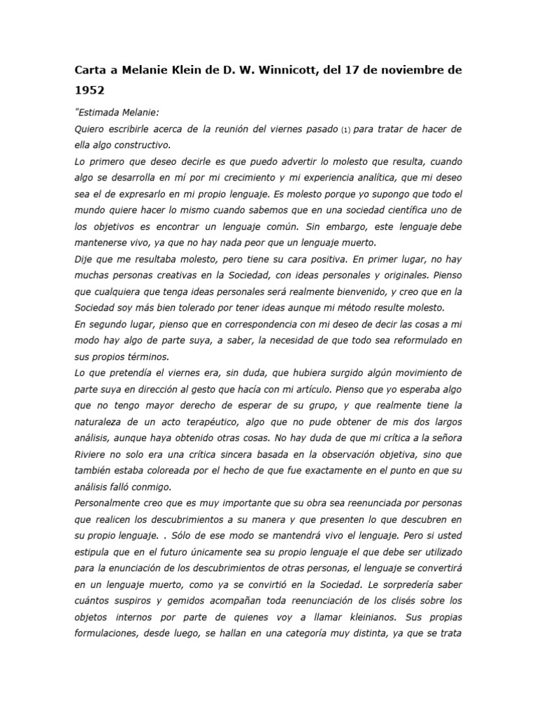 Carta Winnicott | PDF | Psicoanálisis | Sicología