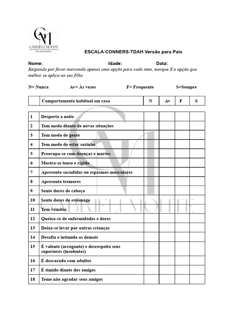 ESCALA CONNERS-TDAH Versão para Pais | PDF