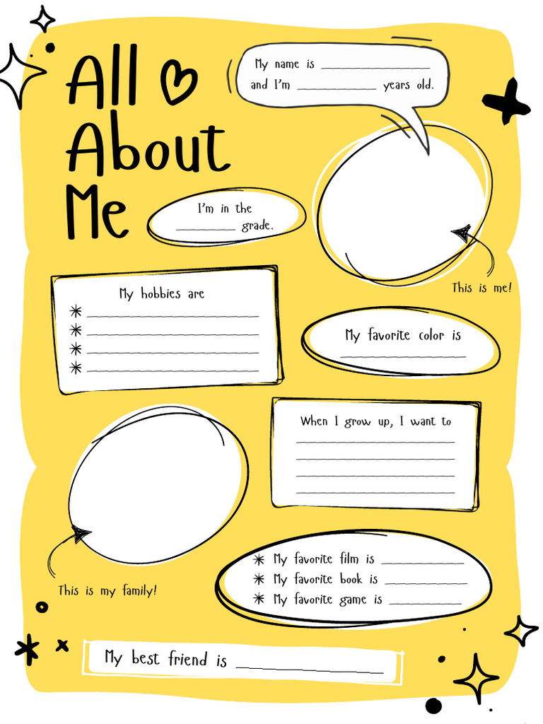 All About Me Worksheet in Yellow Black White Comics Style | PDF