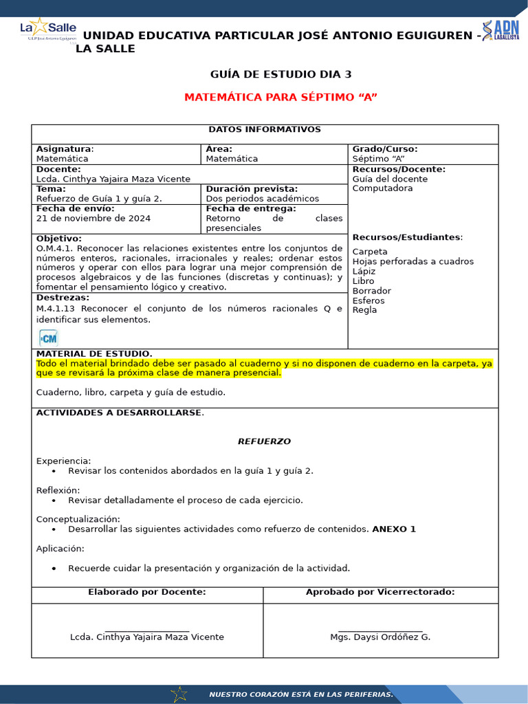 Guia de Estudio Septimo A Matemática Día 3 | PDF | Número racional | Matemáticas