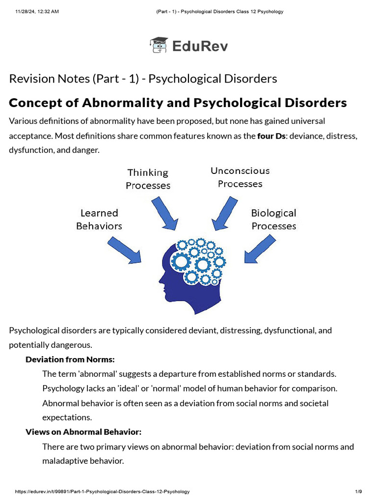 (Part - 1) - Psychological Disorders Class 12 Psychology | PDF ...