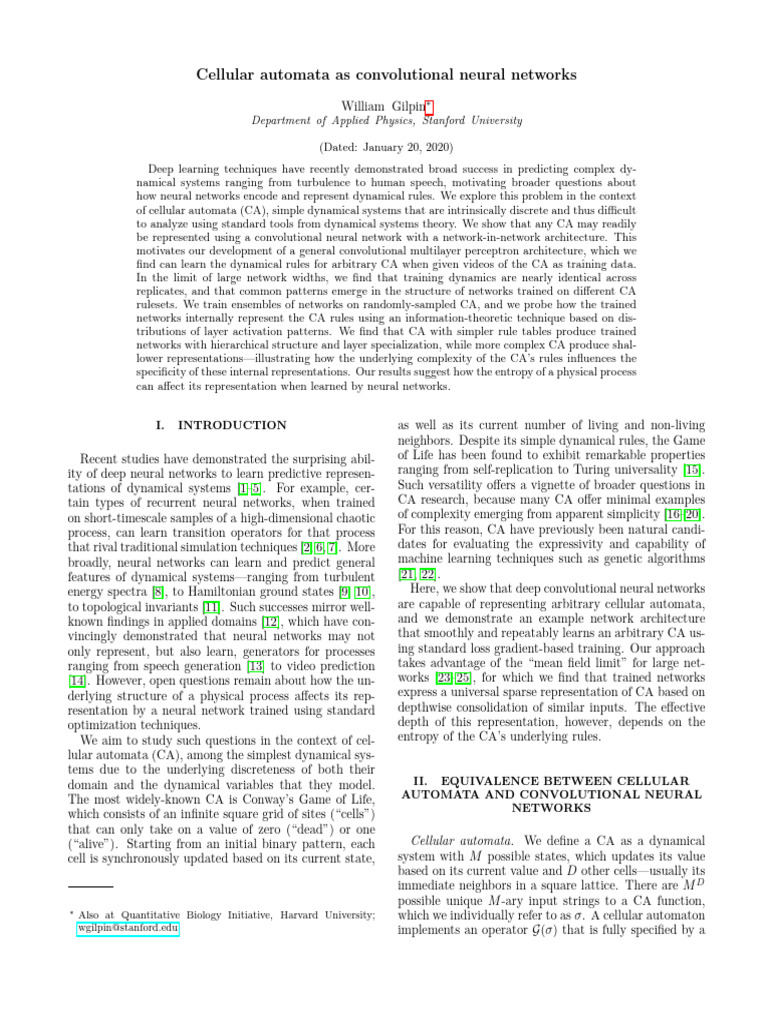 Cellular Automata As Convolutional Neural Networks: Department of Applied Physics, Stanford ...