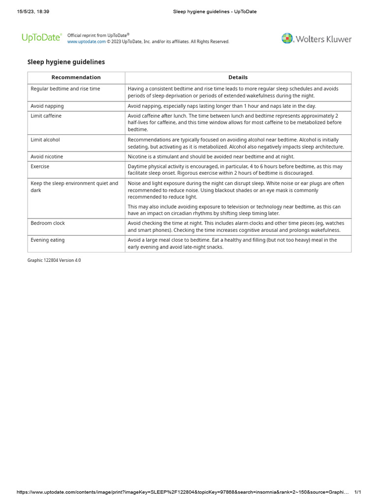 Sleep Hygiene Guidelines - UpToDate | PDF | Sleep | Physiology