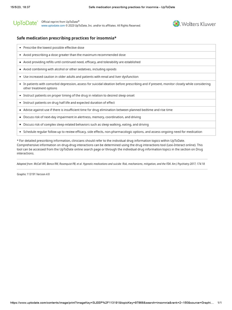 Safe Medication Prescribing Practices For Insomnia - UpToDate | PDF