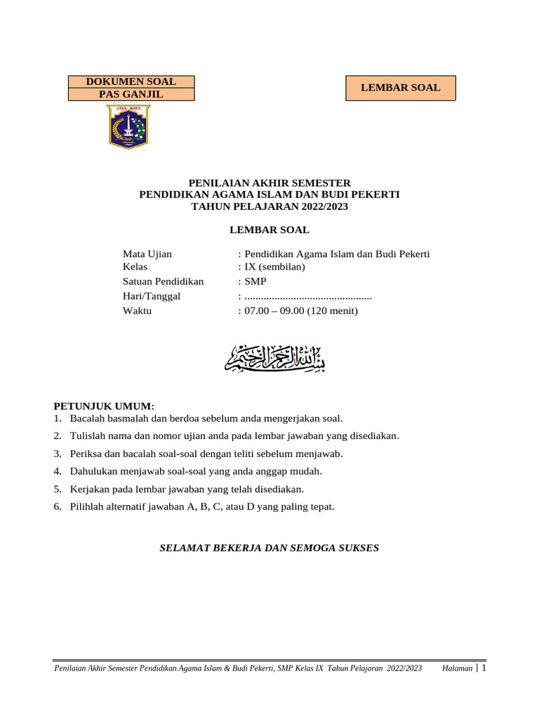 Soal Pas Kelas 9 Tp. 2022 - 2023 (Ganjil) | PDF