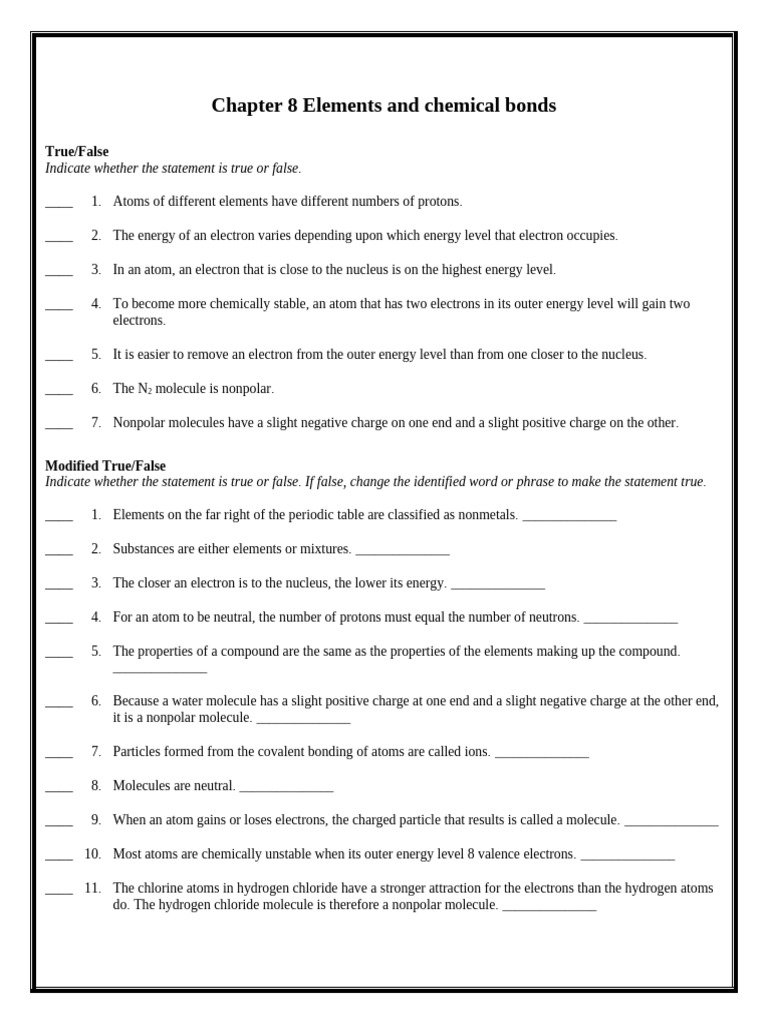 Chemistry Quiz: Bonds & Elements | PDF | Ion | Chemical Bond