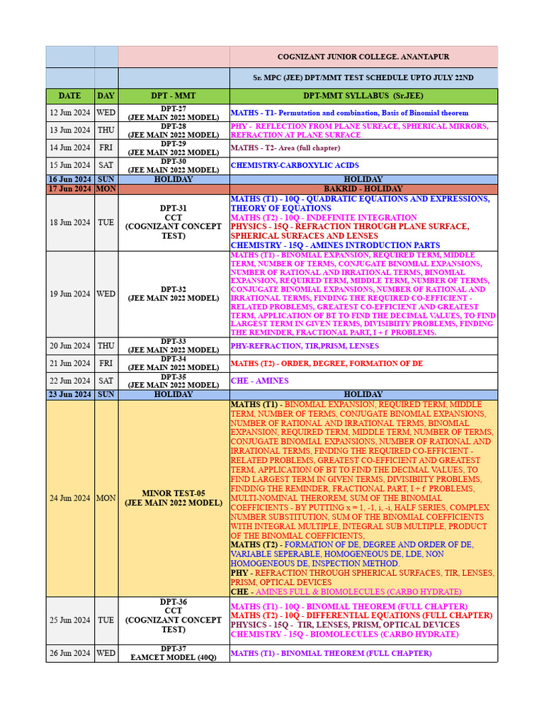 Sr. JEE (24-25) DPT - MMT SCHEDULE UPTO 22ND JULY | PDF ...