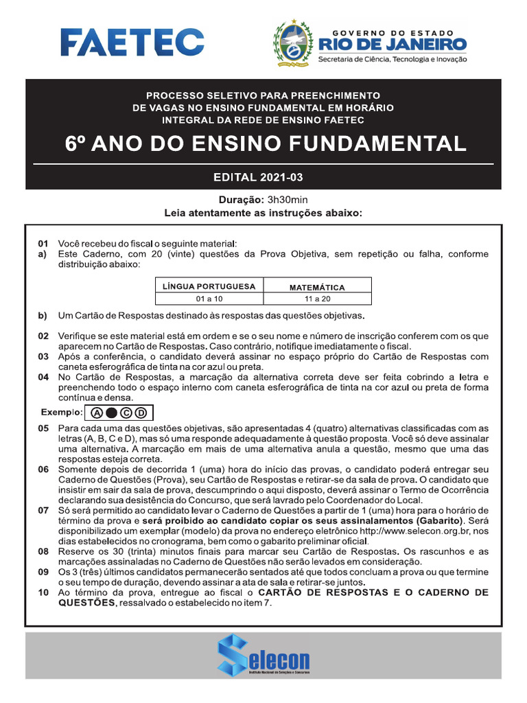 FAETEC EF 2021 6ANO Prova Gabarito | PDF