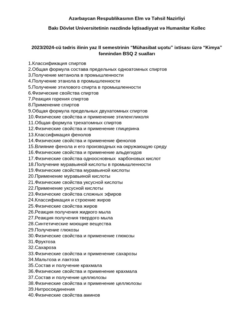 BSQ 2 Kimya - 2023-24 | PDF