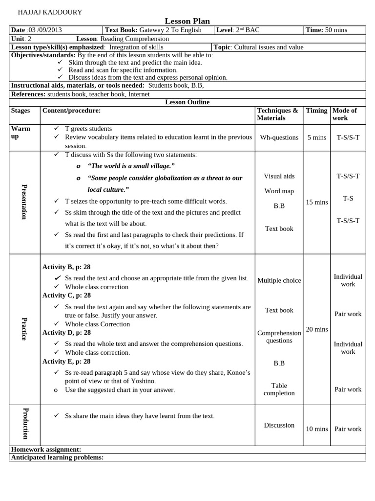 Cultural Issues & Values Lesson Plan | PDF | Reading Comprehension | Learning