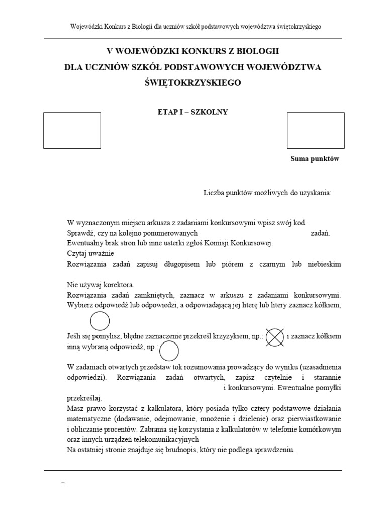 V Wojewodzki Konkurs Z Biologii I Etap Arkusz Z Zadaniami | PDF