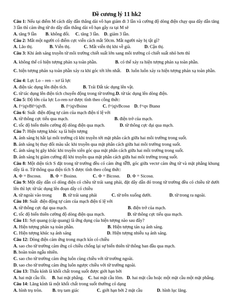 ĐỀ CƯƠNG HK2 LÝ | PDF