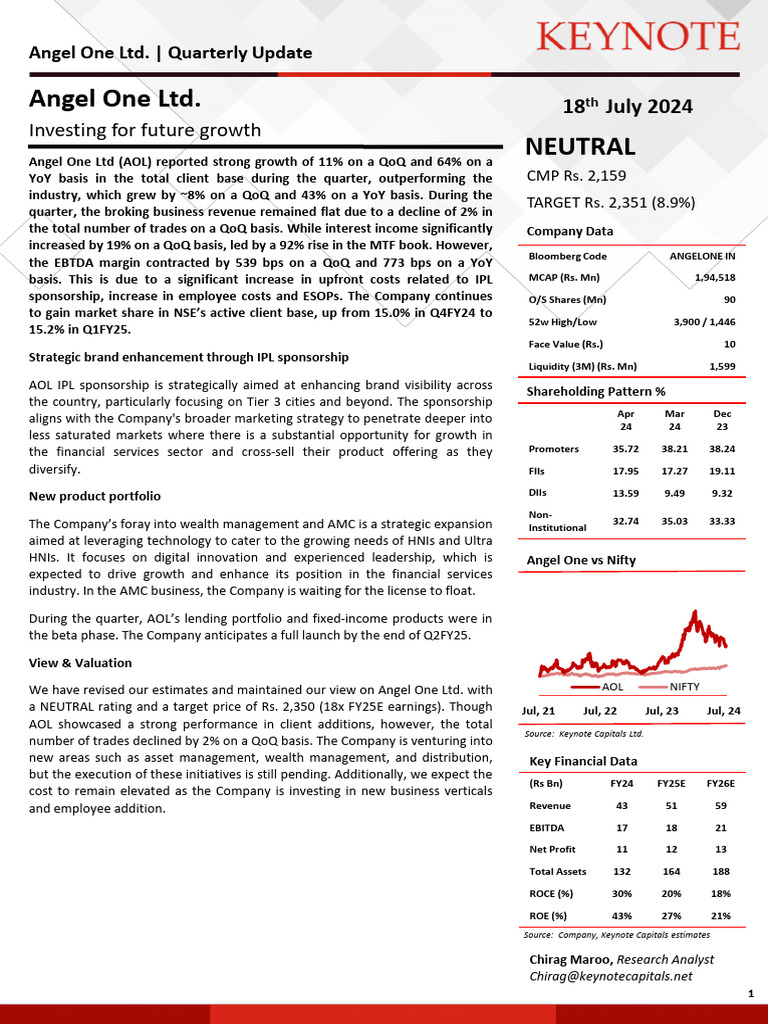 Quarterly Update Report Angel One LTD Q1 FY25 | PDF | Equity (Finance ...