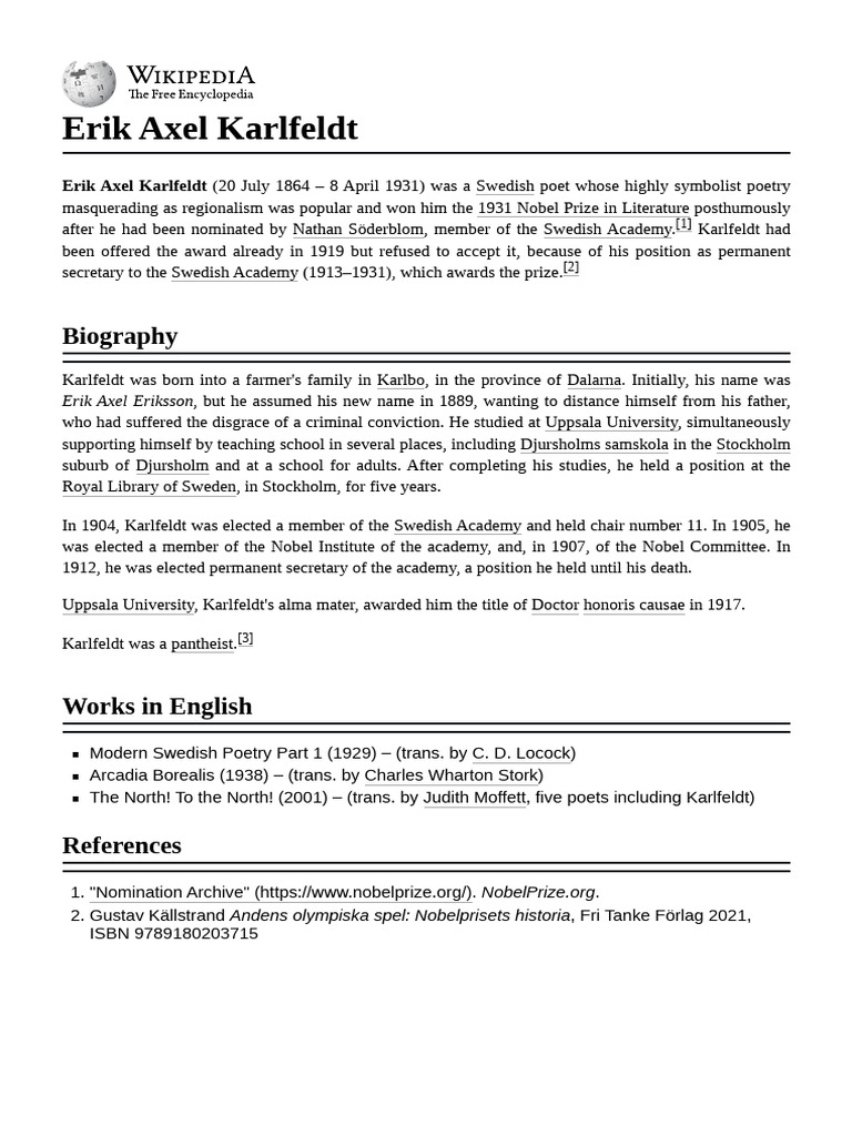 Erik Axel Karlfeldt | PDF | Nobel Prize | Nobel Family