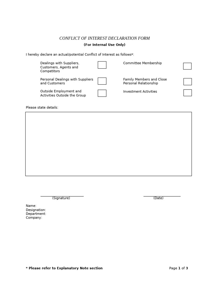 Conflict of Interest Declaration Form | PDF | Conflict Of Interest ...