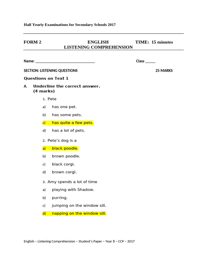 Form 2 English Listening Exam | PDF