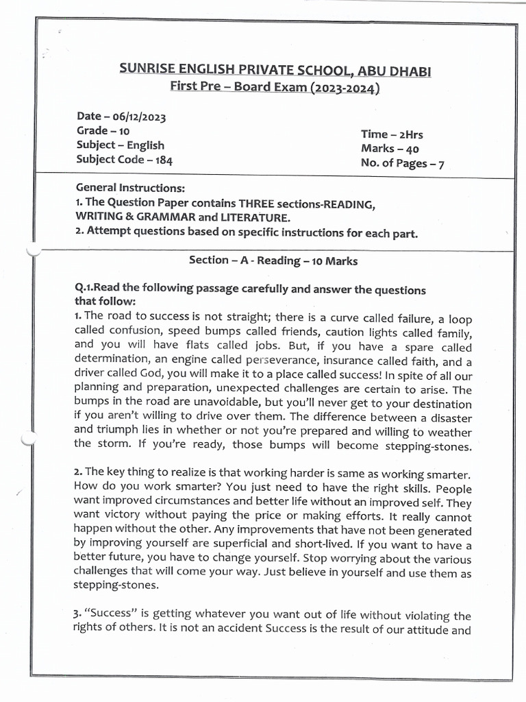 PRE BOARD 1 (Sample Papers) | PDF