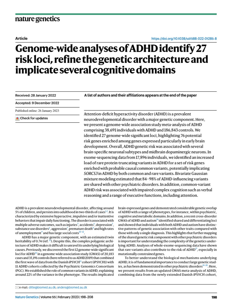 Genome-Wide Analyses of ADHD Identify 27 Risk Loci, Refine The Genetic Architecture and ...