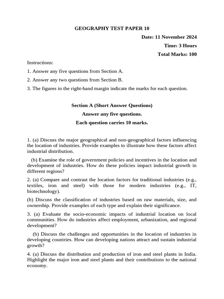 Geography Test Paper 10 | PDF | Developing Country | Textiles