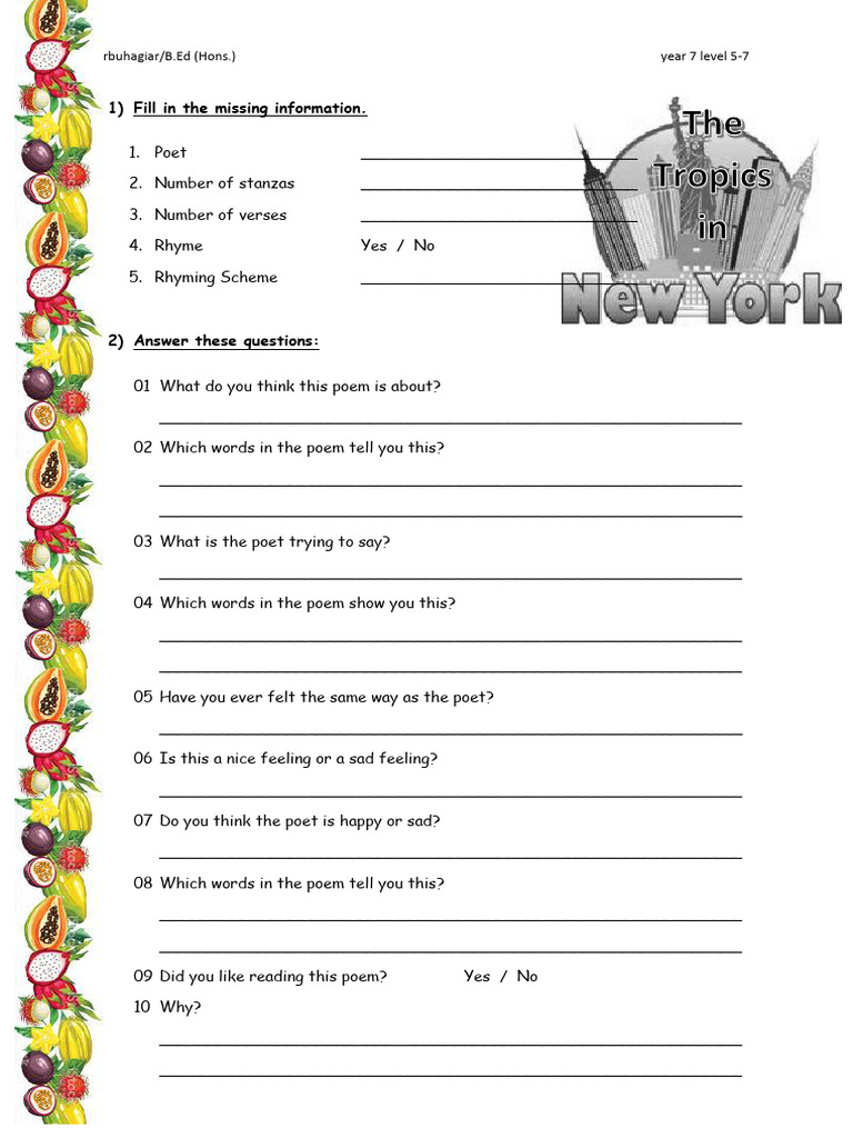 Year 7 Poetry Analysis Worksheet | PDF