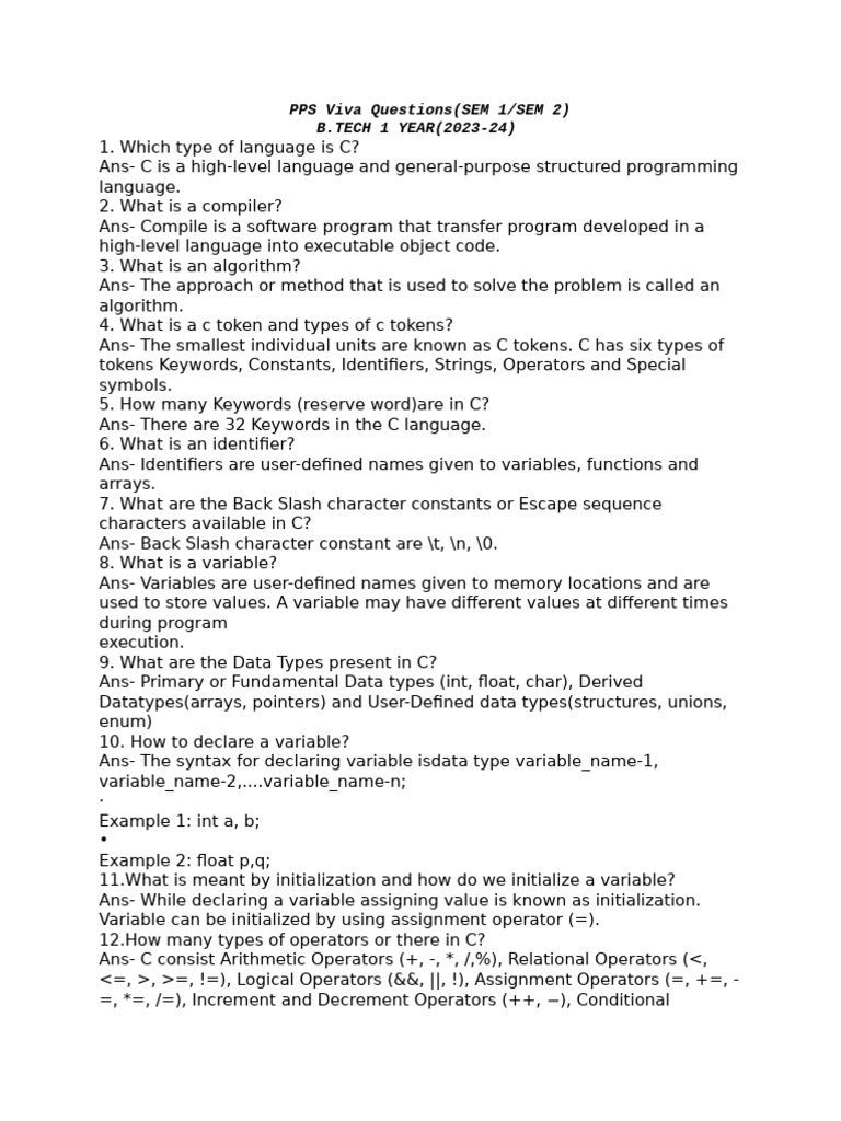PPS Viva Voce | PDF | Control Flow | Pointer (Computer Programming)