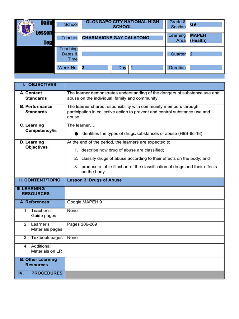 Daily Lesson Log | PDF | Learning | Drugs