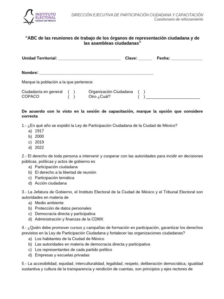 06 - Cuestionario de Evaluación - Sin Respuestas - ABC de Las Reuniones de Trabajo | PDF ...
