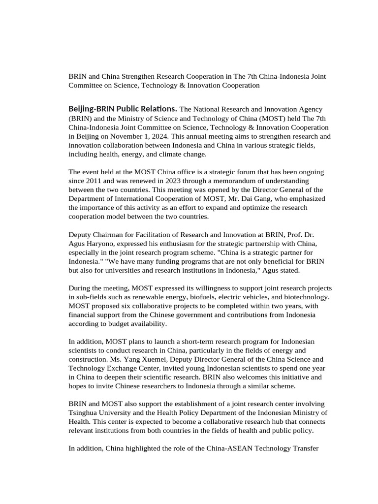 BRIN and China Strengthen Research Cooperation in The 7th China ...