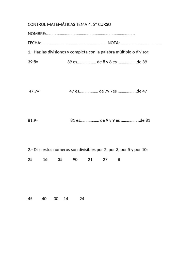 Control Tema 4 Mate 5º Adaptado | PDF