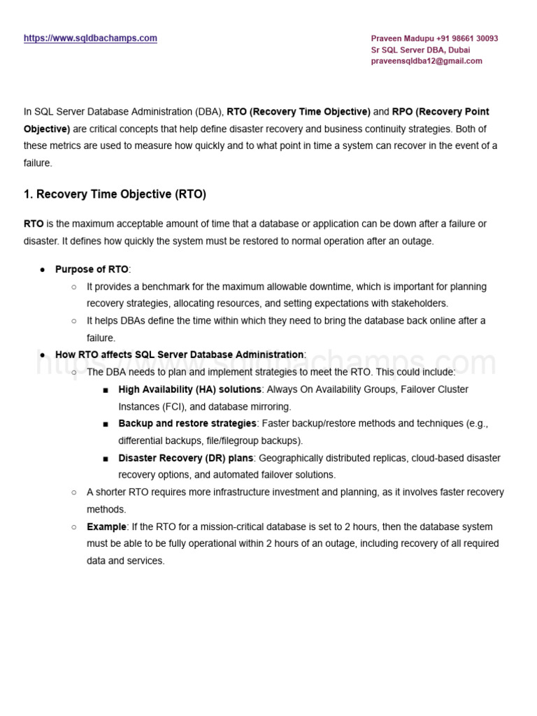 What Is RTO and RPO in Detail in SQL Server | PDF | Disaster Recovery ...